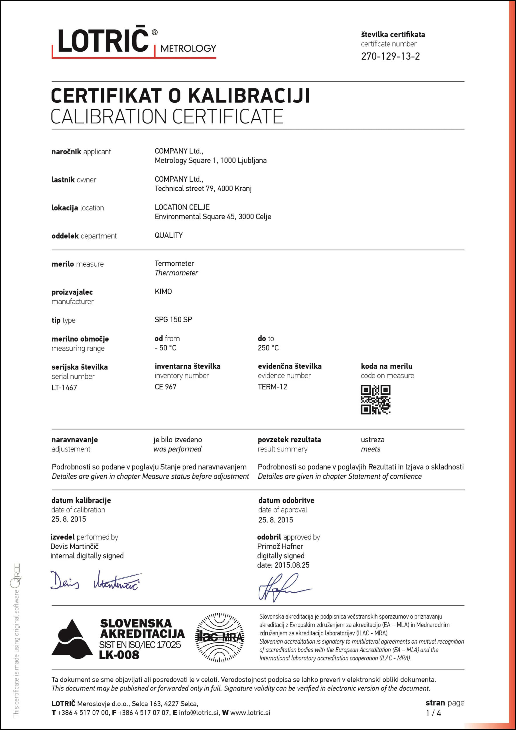Certifikat - LOTRIČ Metrology