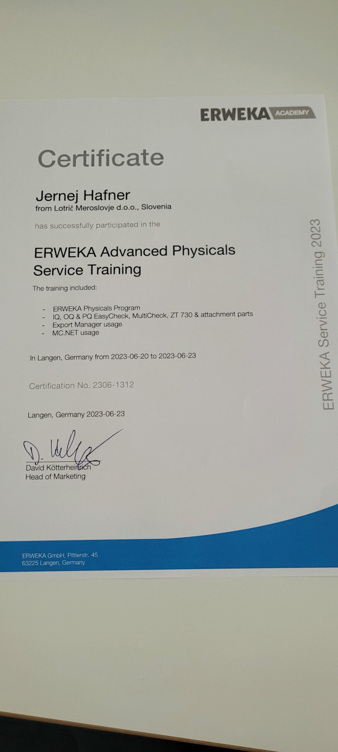 ERWEKA training - LOTRIČ Metrology